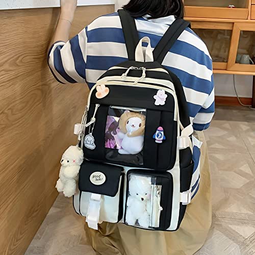 LIEEI Kawaii Backpack 5Pcs Set Cute Backpack Aesthetic Large School Bags with Pendants and Pins, Pen Case, Tote Bag, Small Bag (Black)
