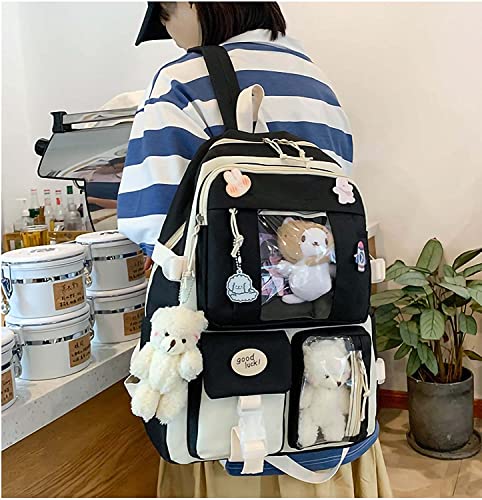 LIEEI Kawaii Backpack 5Pcs Set Cute Backpack Aesthetic Large School Bags with Pendants and Pins, Pen Case, Tote Bag, Small Bag (Black)