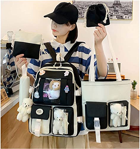 LIEEI Kawaii Backpack 5Pcs Set Cute Backpack Aesthetic Large School Bags with Pendants and Pins, Pen Case, Tote Bag, Small Bag (Black)