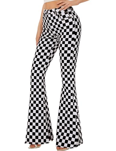 Odefou Bell Bottom Jeans for Women High Waisted Stretch Plaid Flare Jeans Bootcut Pants(Black White Plaid,6)