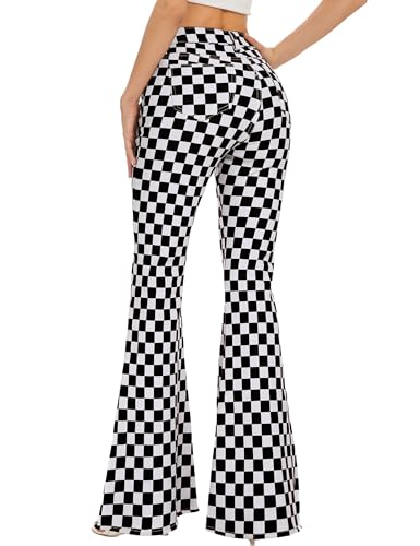 Odefou Bell Bottom Jeans for Women High Waisted Stretch Plaid Flare Jeans Bootcut Pants(Black White Plaid,6)