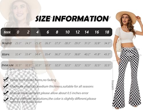Odefou Bell Bottom Jeans for Women High Waisted Stretch Plaid Flare Jeans Bootcut Pants(Black White Plaid,6)