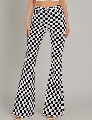 Odefou Bell Bottom Jeans for Women High Waisted Stretch Plaid Flare Jeans Bootcut Pants(Black White Plaid,6)