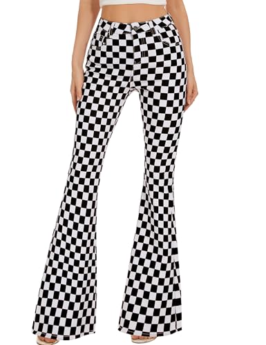 Odefou Bell Bottom Jeans for Women High Waisted Stretch Plaid Flare Jeans Bootcut Pants(Black White Plaid,6)