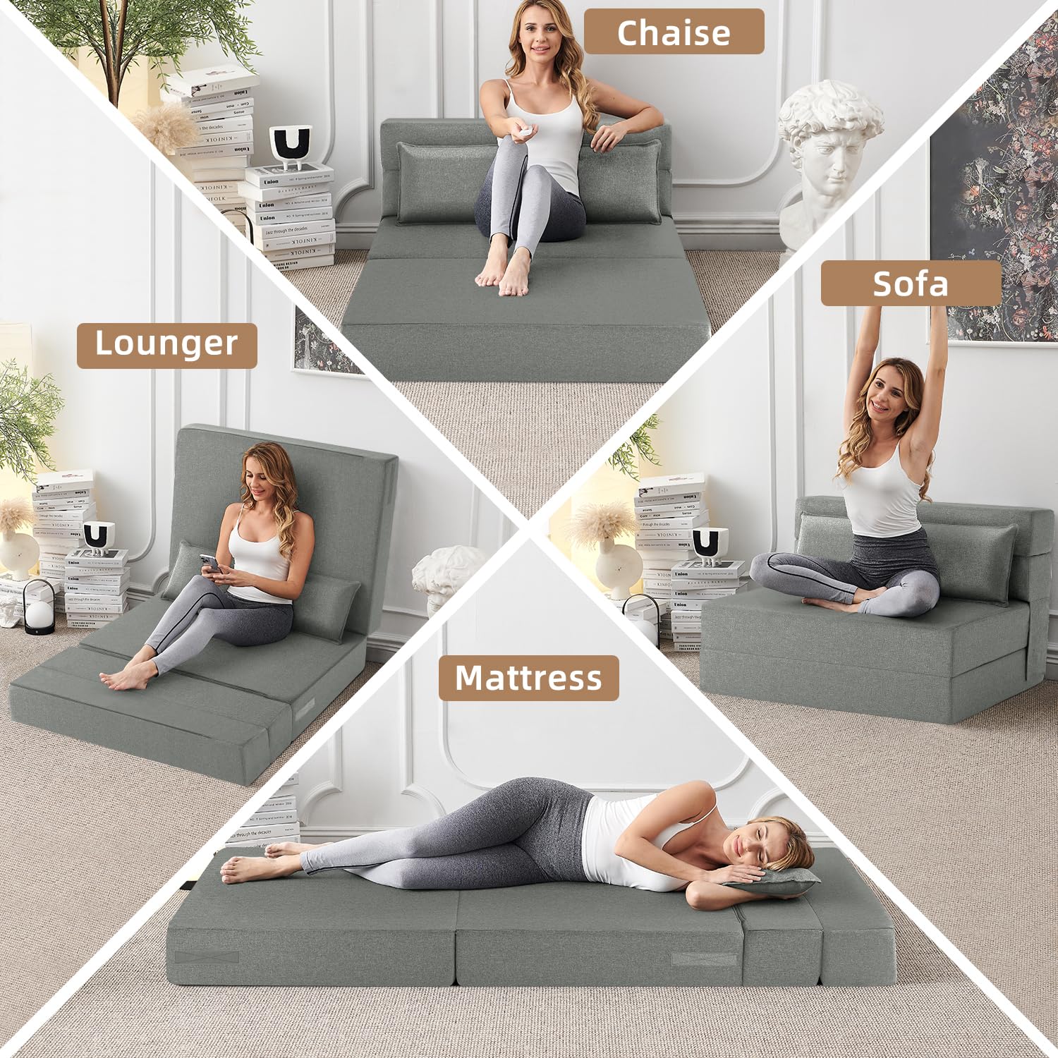 FILUXE Convertible Folding Sofa Bed-Sleeper Chair with Pillow, Modern Linen Fabric Floor & Futon Couch, Foldable Mattress for Living Room/Dorm/Guest Use/Home Office/Apartment, Full Size, Light Gray