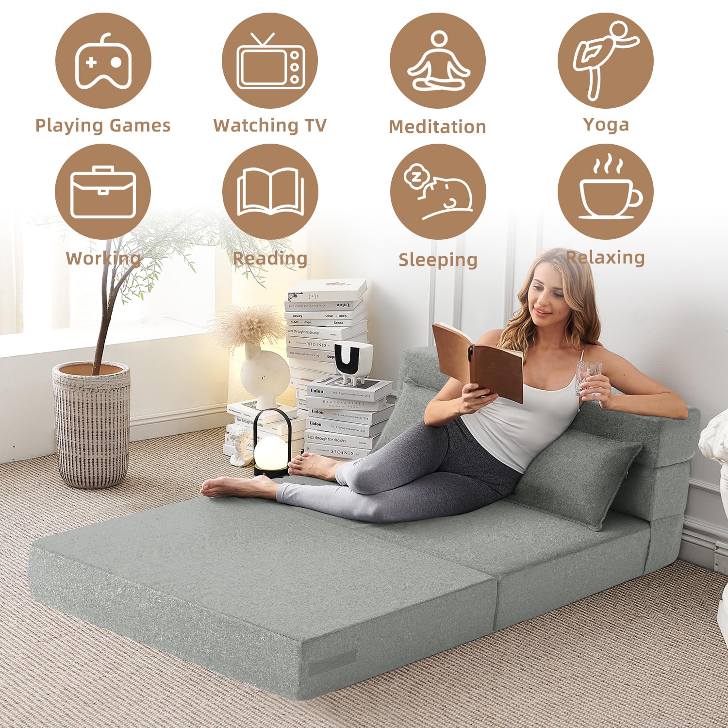 FILUXE Convertible Folding Sofa Bed-Sleeper Chair with Pillow, Modern Linen Fabric Floor & Futon Couch, Foldable Mattress for Living Room/Dorm/Guest Use/Home Office/Apartment, Full Size, Light Gray