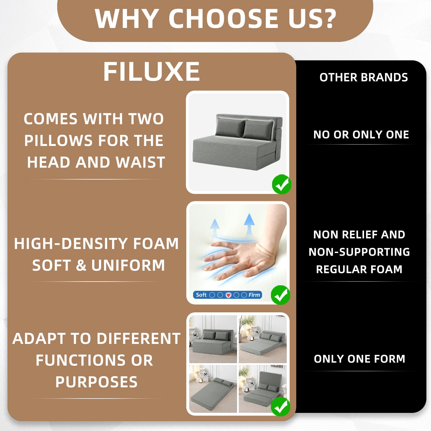 FILUXE Convertible Folding Sofa Bed-Sleeper Chair with Pillow, Modern Linen Fabric Floor & Futon Couch, Foldable Mattress for Living Room/Dorm/Guest Use/Home Office/Apartment, Full Size, Light Gray