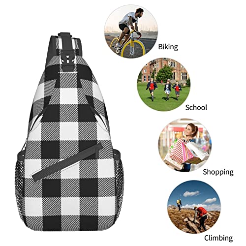 Pubvnih Black And White Buffalo Plaid Sling Backpack Crossbody Shoulder Bags for Women Men, Sling Bag Travel Hiking Chest Bag Daypack Unisex
