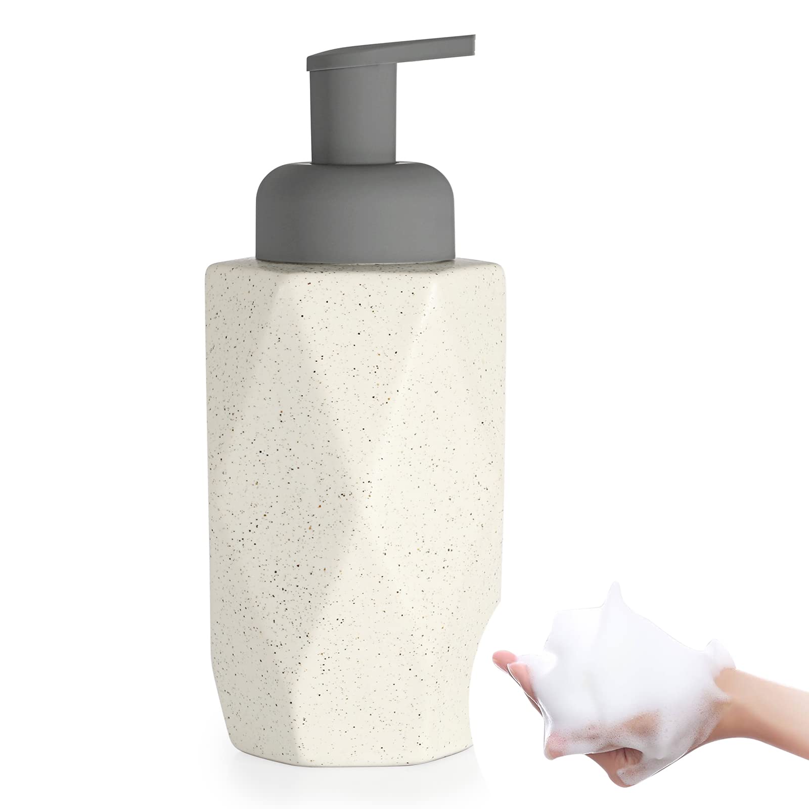 Sumnacon Ceramic Foam Hand Dispenser- Hexagon Shape Soap Dispenser Lotion Hand Pump Dispenser, Elegant Hand Soap Dispenser for Kichen Bathroom Office Countertop, Beige
