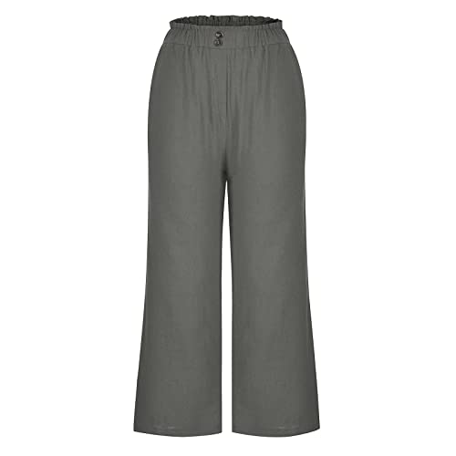 Elastic High Waisted Capris for Women Casual Loose Comfy Summer Cotton Linen Pants Wide Leg Cropped Trousers
