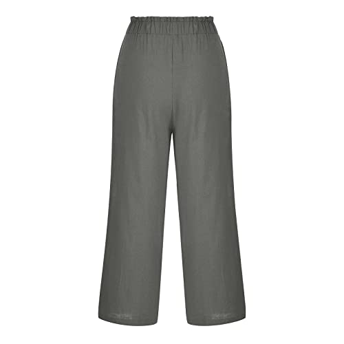 Elastic High Waisted Capris for Women Casual Loose Comfy Summer Cotton Linen Pants Wide Leg Cropped Trousers