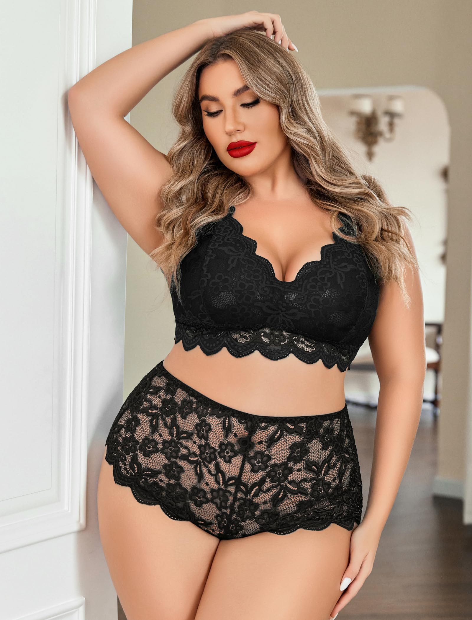 Avidlove Women Plus Size Lingerie Set Sexy Lace Bra High Waist Panty Set A-black
