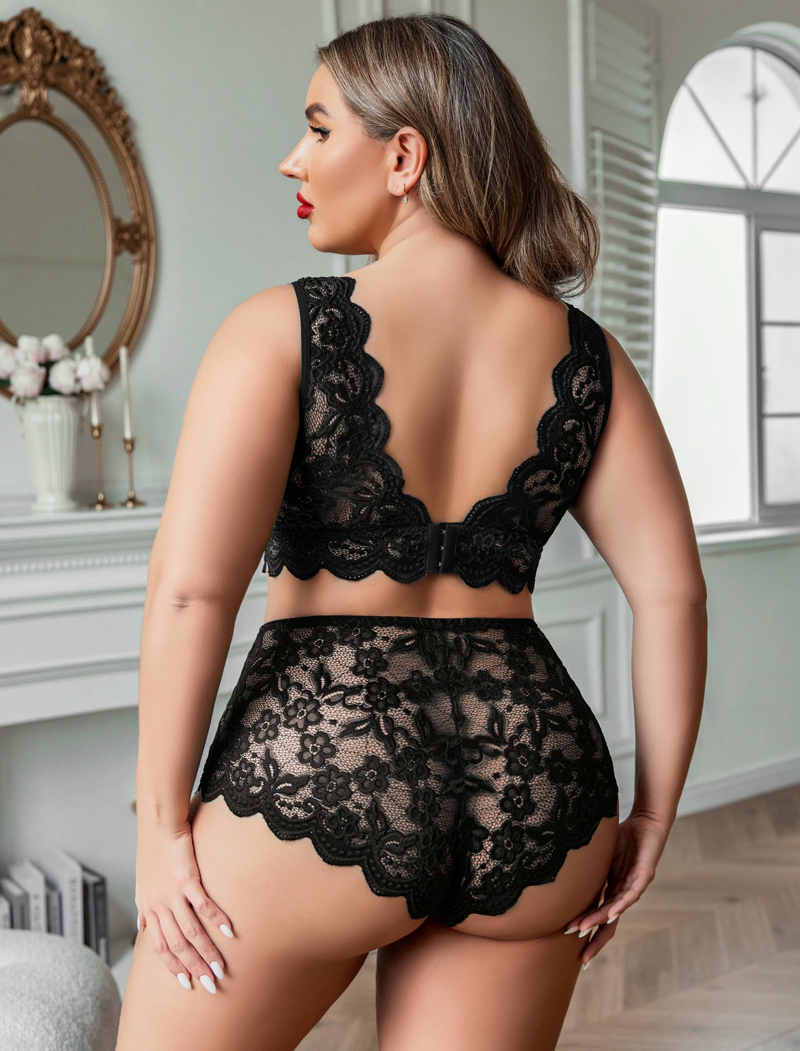 Avidlove Women Plus Size Lingerie Set Sexy Lace Bra High Waist Panty Set A-black
