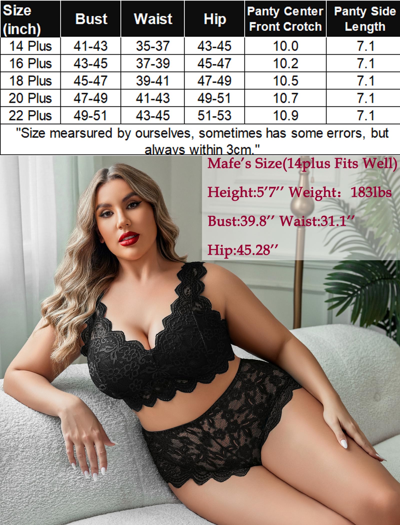 Avidlove Women Plus Size Lingerie Set Sexy Lace Bra High Waist Panty Set A-black