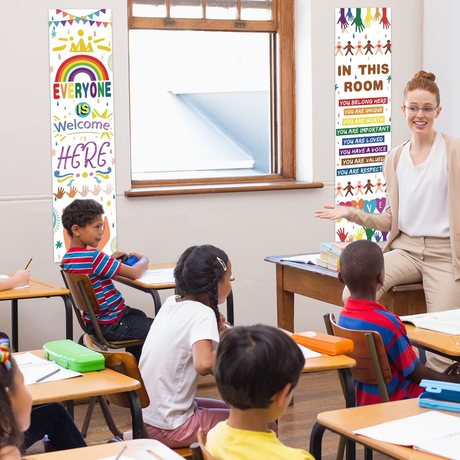 Estune 2 Pcs Welcome Banner and Poster for Teachers Rainbow Diversity Posters for Classroom Inclusive Classroom Decor for Bulletin Board Elementary Pre Middle High School Wall Sign, 11.8 x 47.2 Inch