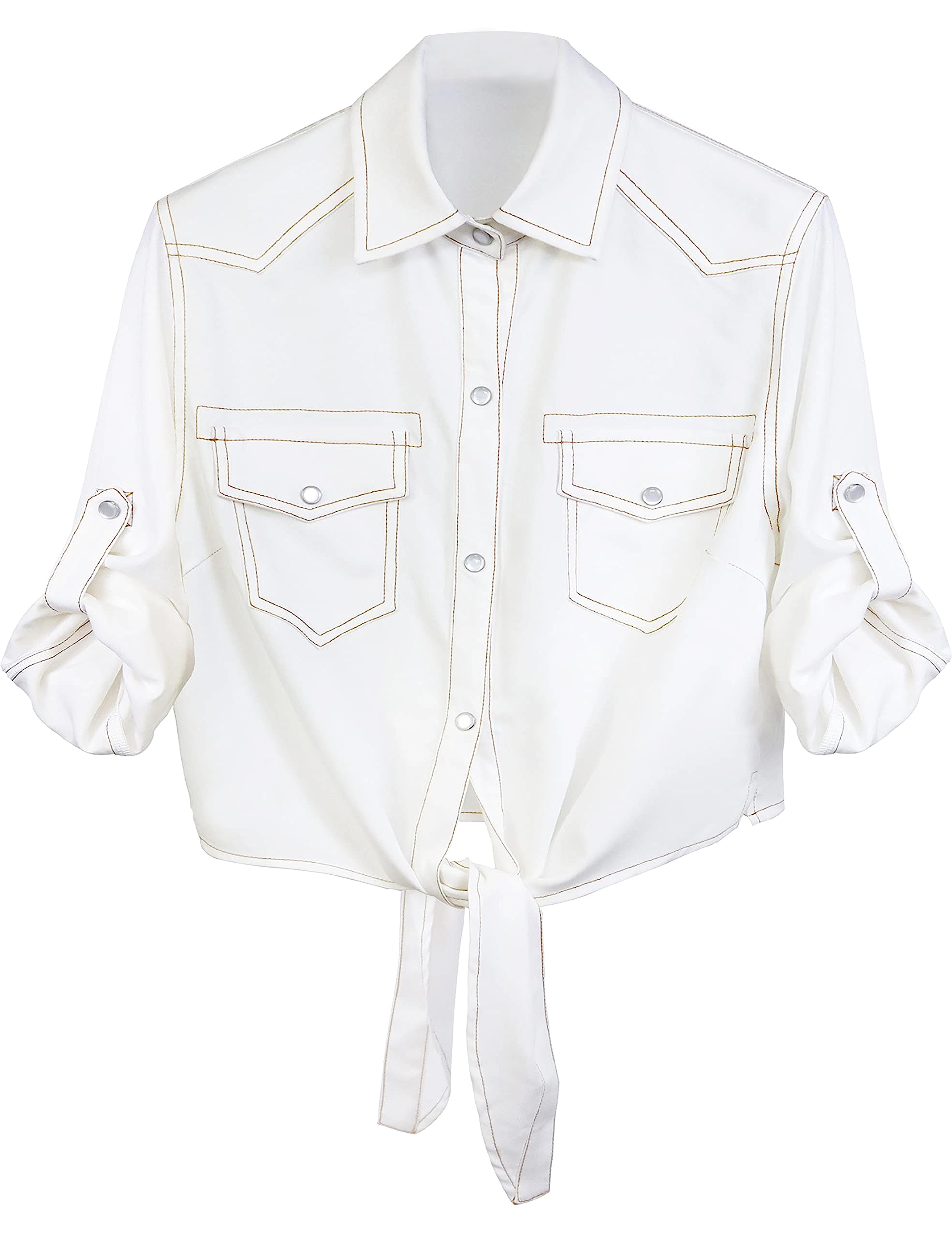 SeekMe Womens Denim Shirts Tie Front Crop Top Button Down Chambray Jean Shirts(0130-White-XXL-QB)