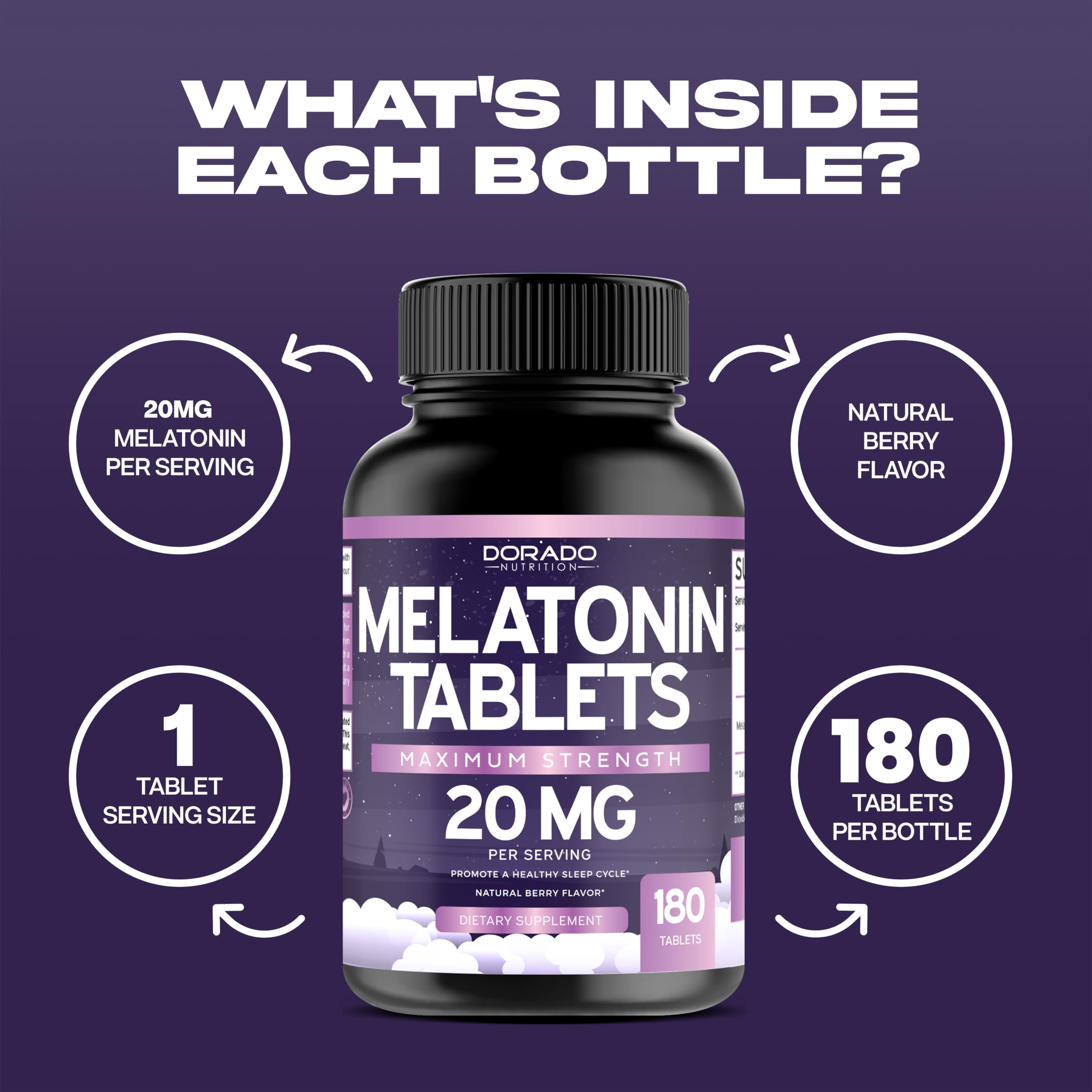 Melatonin 20mg Tablets for Adults (180 Count) - Quick Dissolve with 20mg of Melatonin Per Tablet - High Potency, Gluten-Free, Non-GMO, Vegan - Mixed Berry Flavor - Bulk Supply - USA Made
