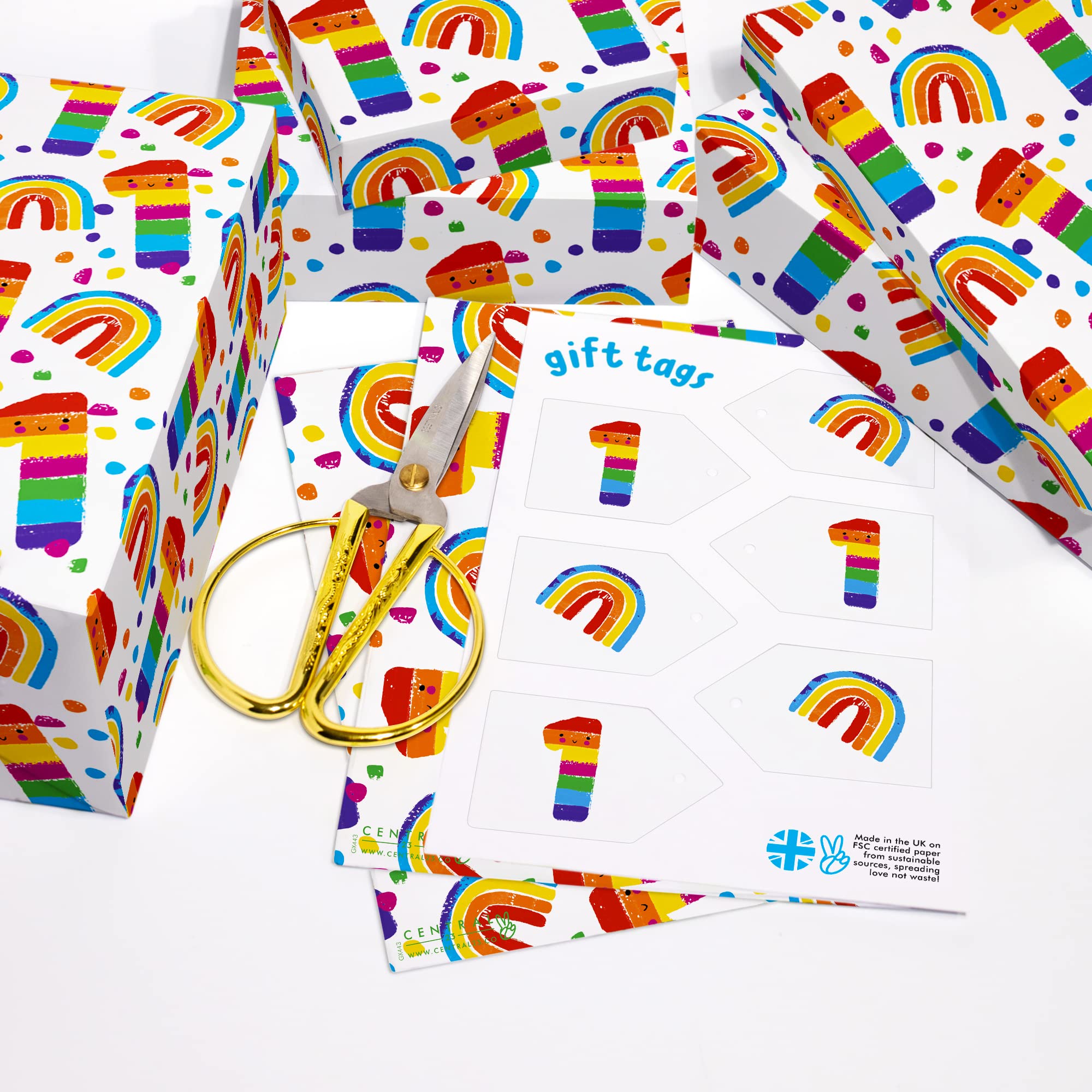 CENTRAL 23 Kids Wrapping Paper - 1st Birthday - Rainbow - 6 Sheets of Eco Gift Wrap - Age 1 One - First Birthday Gift for Boys and Girls - Recyclable