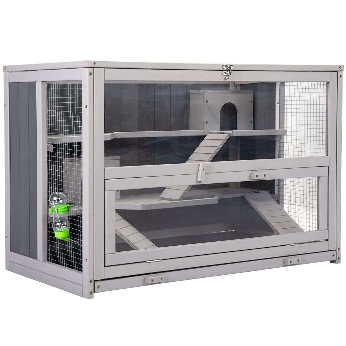 3 Story Guinea Pig Cages Wooden Indoor Hamster Cage w/ Chewing Toy, Hideout, Seesaws, Leak Proof Plastic Tray, Small Animal Cage for Ferret/Chinchilla/Bunny/Rabbit/Squirrel (35.5"L x 20.9"W x 24.4"H)