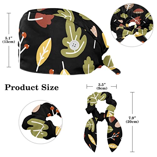 Working Cap with Button & Sweatband, Adjustable Tie Back Hats for Men Women Bouffant Caps, Fall Leaves Acorns