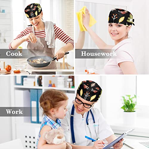 Working Cap with Button & Sweatband, Adjustable Tie Back Hats for Men Women Bouffant Caps, Fall Leaves Acorns
