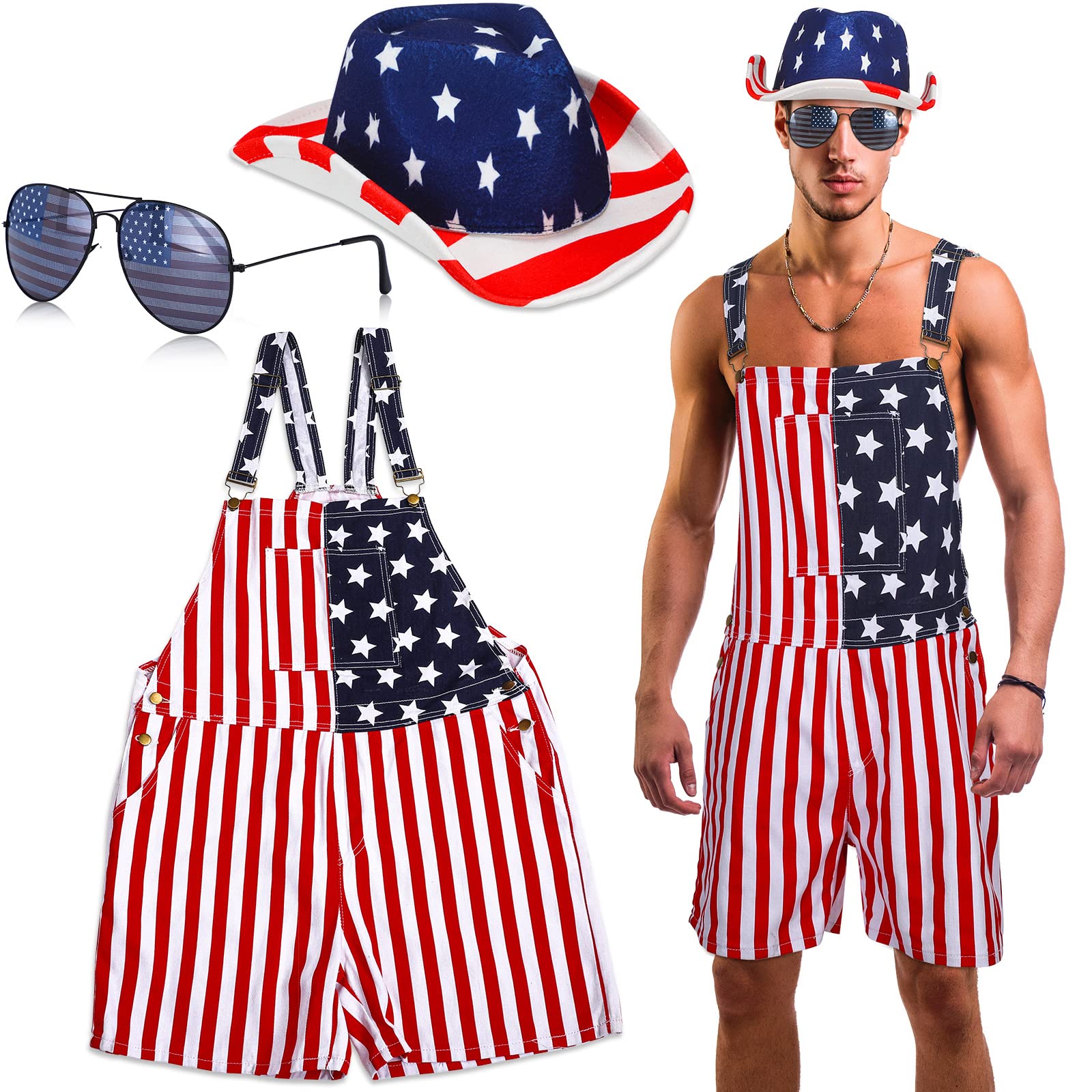 Mepase 3 Pcs American Flag Overalls Bib Set with Denim Patriotic American Flag Print Denim Bib USA America Glasses American Flag Western Hat for Men Women Summer 4th of July Halloween Cosplay