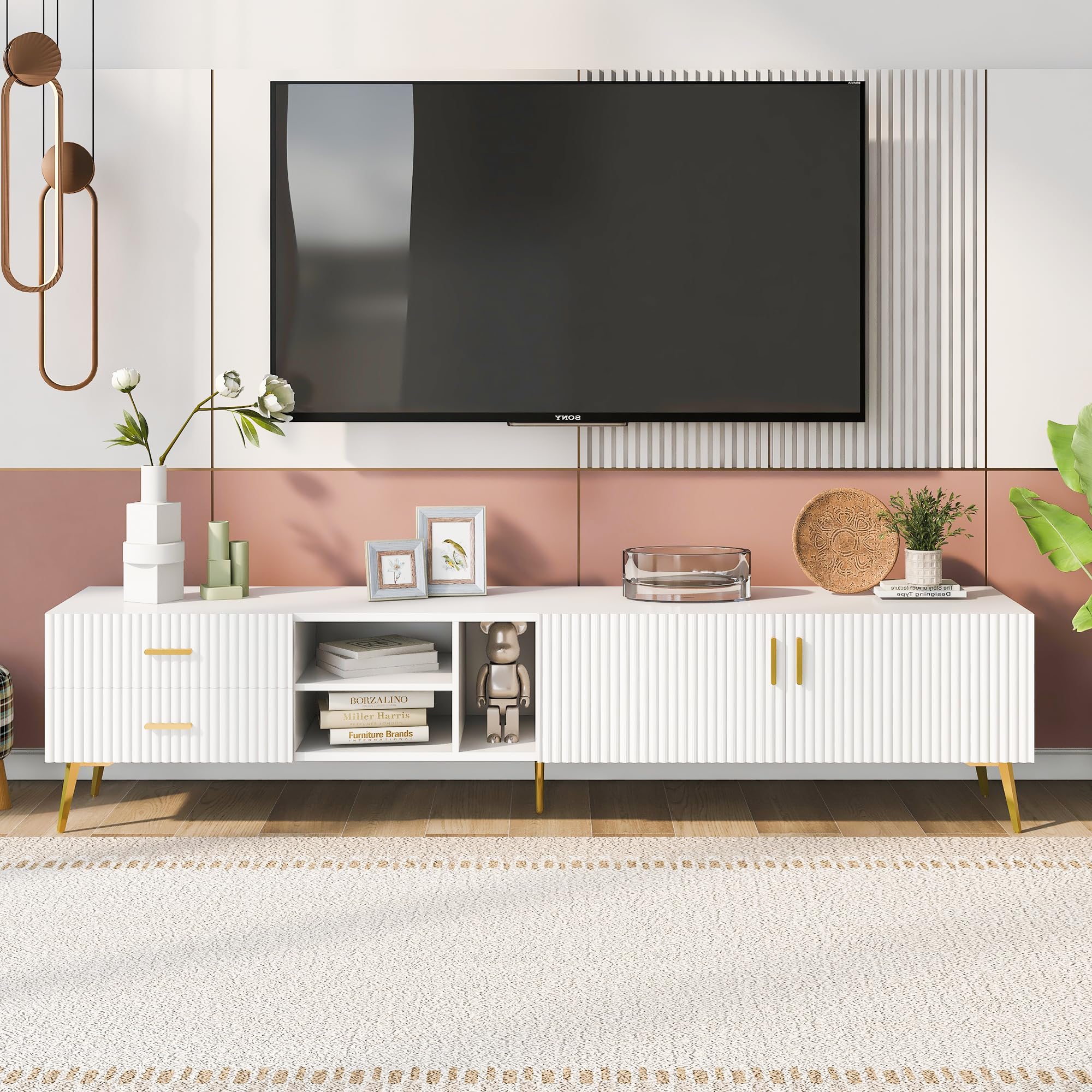 Royard Oaktree TV Stand for TVs up to 80'' Modern Entertainment Center with Storage Wood Media Console Table for Living Room Bedroom,White