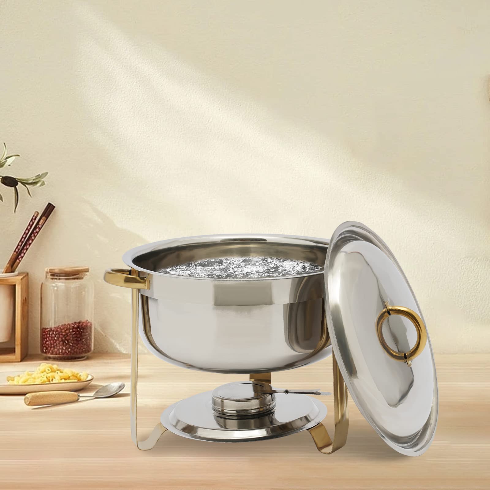 Choice 14.2 Qt Deluxe Round Gold Accent Soup Chafer - High-Capacity Stainless Steel Chafing Dish with Fuel Paste Container, Detachable Lid and Pot, U-Shaped Handles, Perfect for Buffets