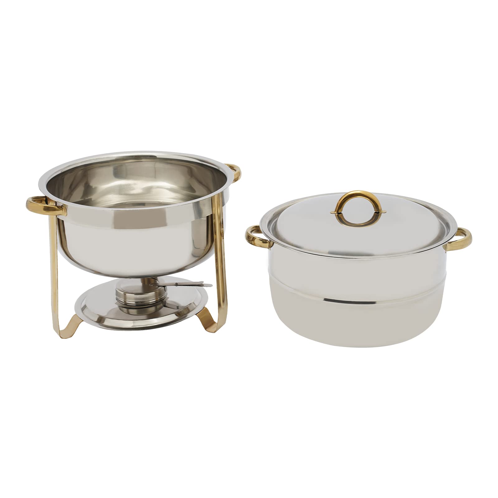 Choice 14.2 Qt Deluxe Round Gold Accent Soup Chafer - High-Capacity Stainless Steel Chafing Dish with Fuel Paste Container, Detachable Lid and Pot, U-Shaped Handles, Perfect for Buffets