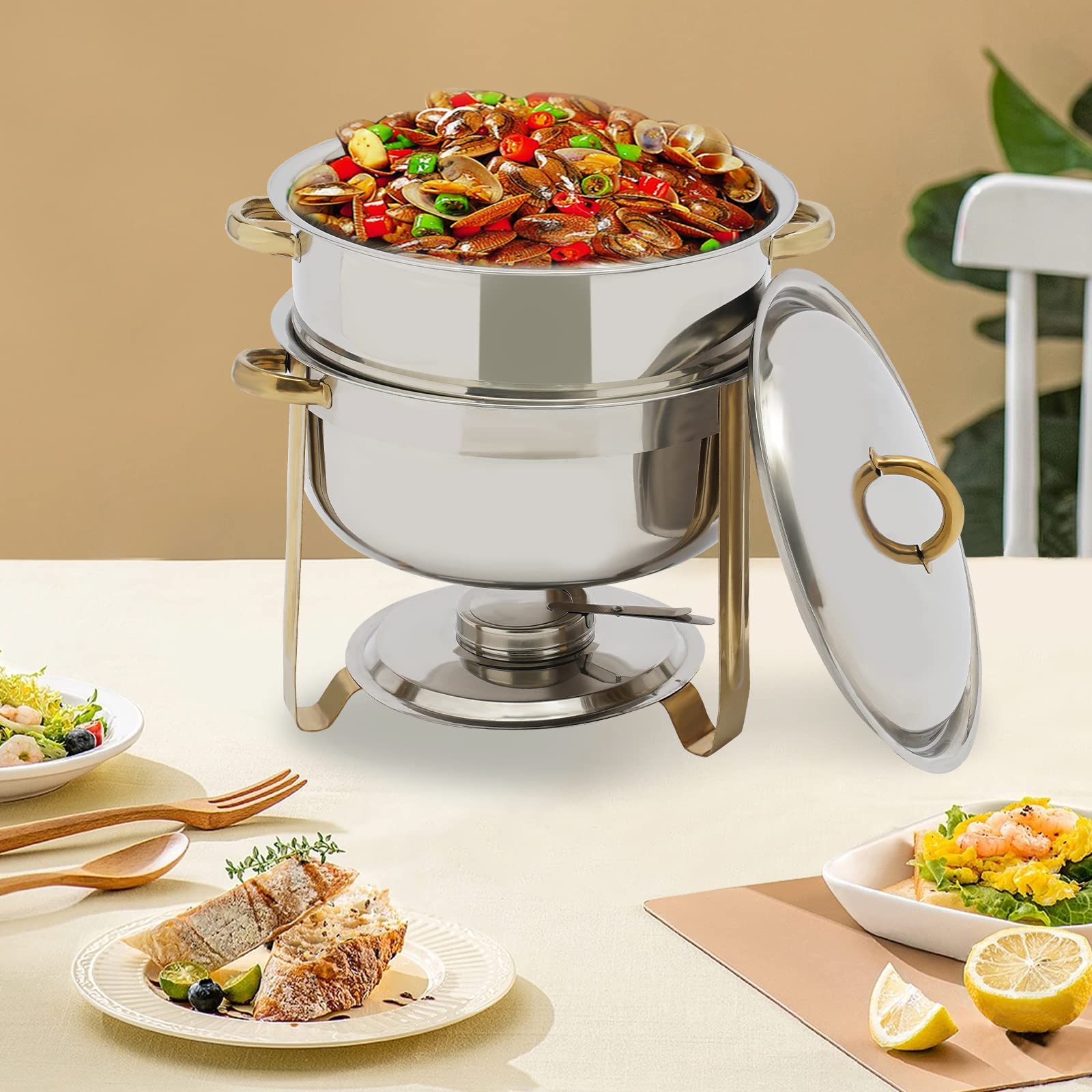Choice 14.2 Qt Deluxe Round Gold Accent Soup Chafer - High-Capacity Stainless Steel Chafing Dish with Fuel Paste Container, Detachable Lid and Pot, U-Shaped Handles, Perfect for Buffets