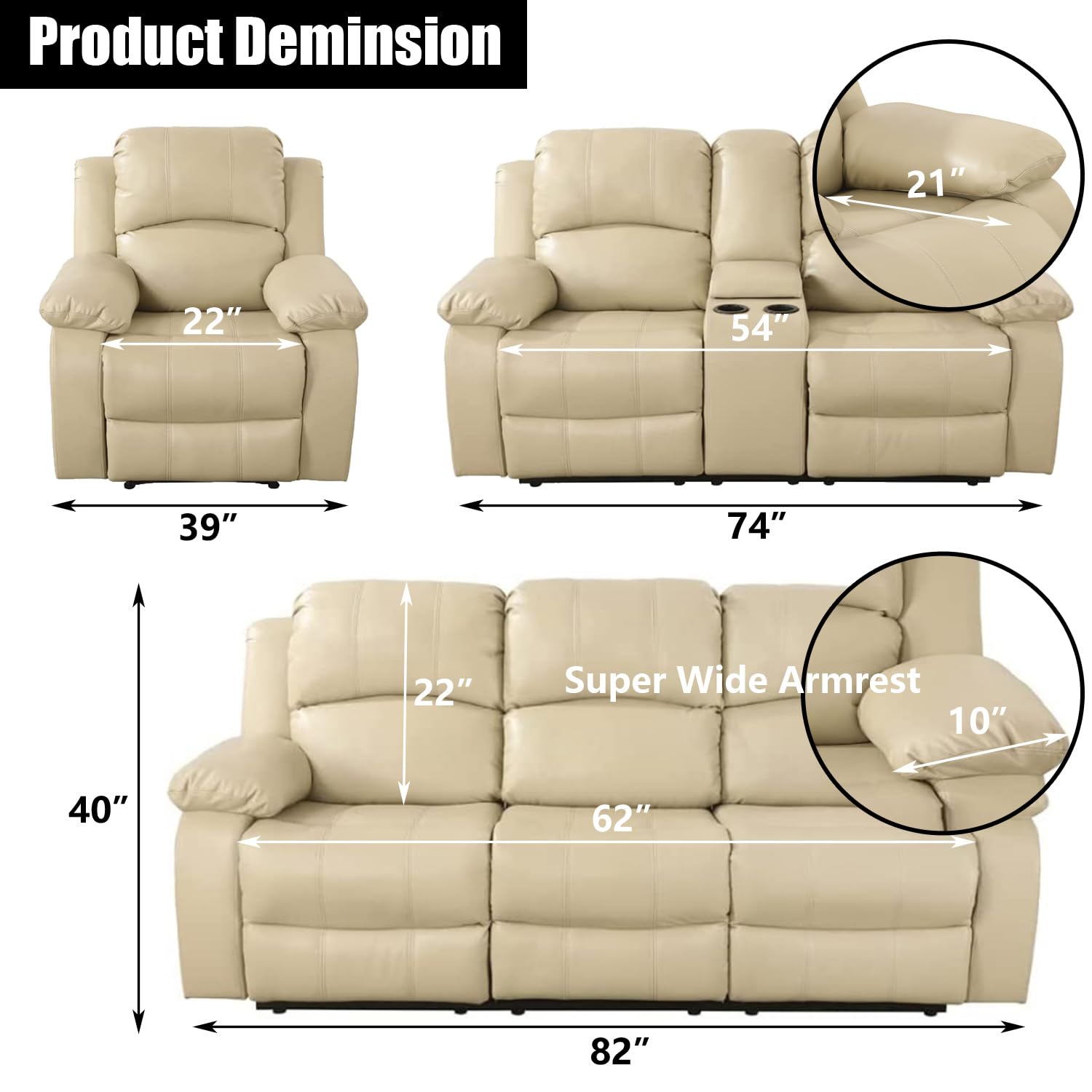 SIENWIEY Beige Leather Reclining Sofa Set for Living Room Set,Recliner Sofa and Loveseat Set/Recliner Sofa with Drop Down Table/Double Recliner Loveseat with Storage Console/Faux Leather