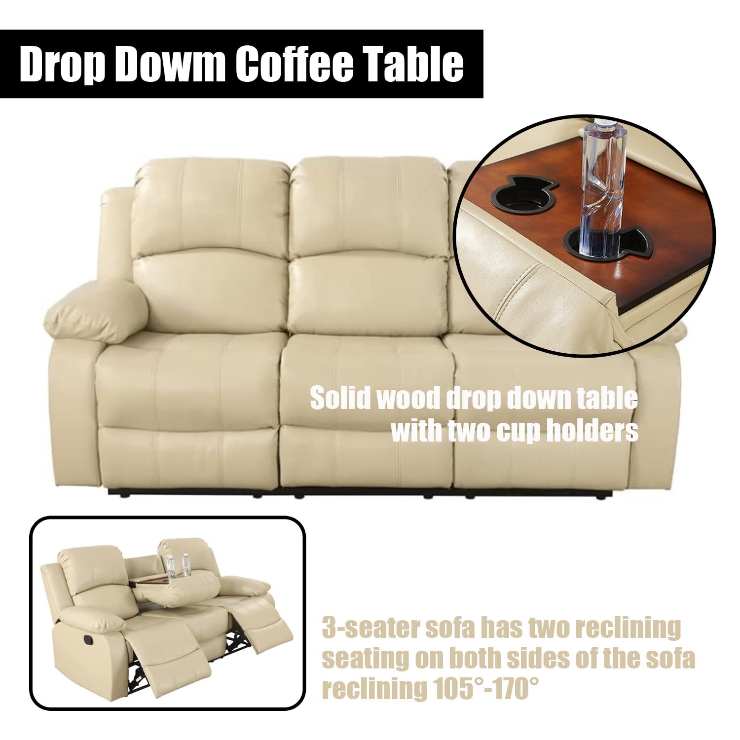 SIENWIEY Beige Leather Reclining Sofa Set for Living Room Set,Recliner Sofa and Loveseat Set/Recliner Sofa with Drop Down Table/Double Recliner Loveseat with Storage Console/Faux Leather