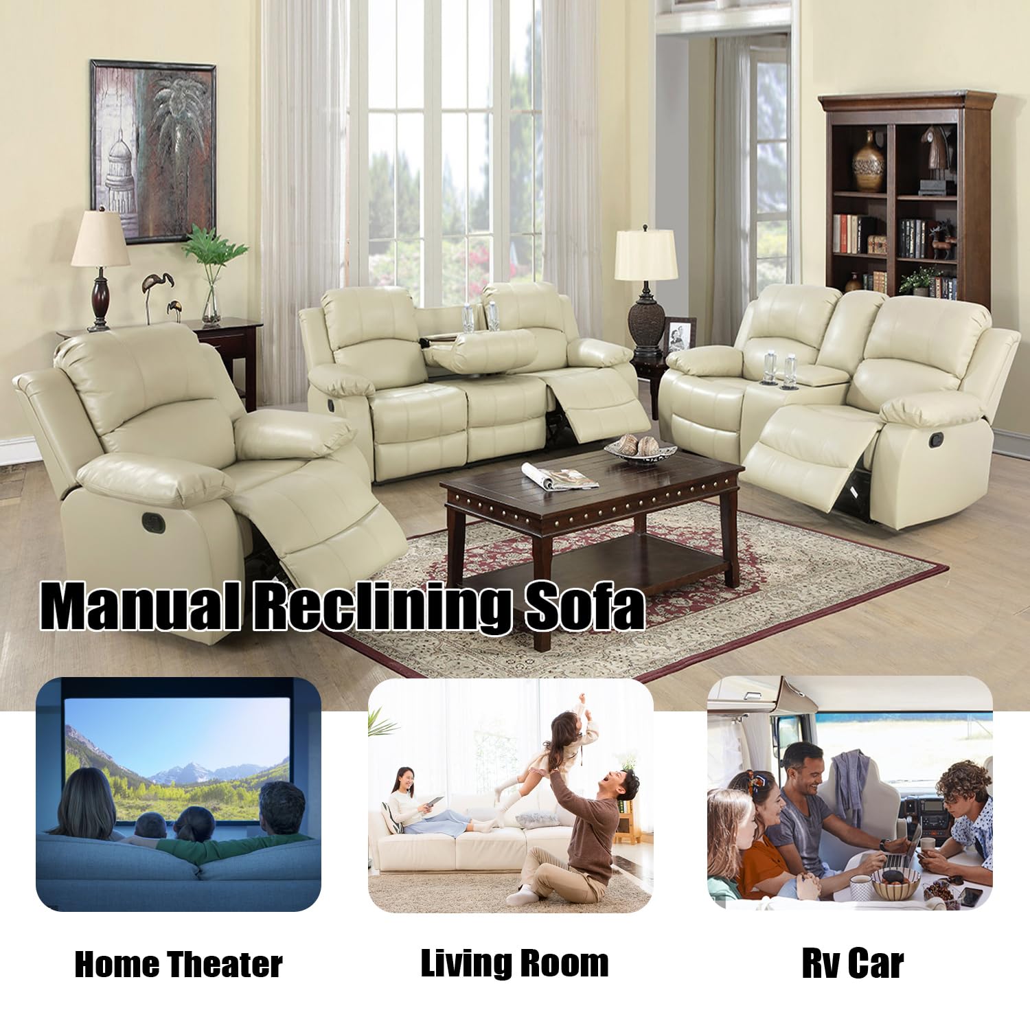 SIENWIEY Beige Leather Reclining Sofa Set for Living Room Set,Recliner Sofa and Loveseat Set/Recliner Sofa with Drop Down Table/Double Recliner Loveseat with Storage Console/Faux Leather