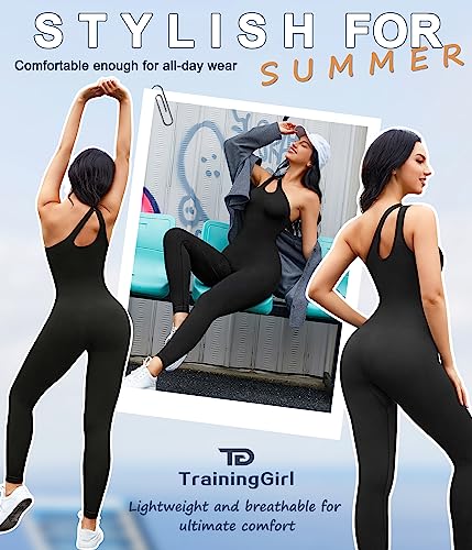 TrainingGirl Women's Sports Jumpsuits One Shoulder Yoga Romper Sleeveless Tummy Control Bodysuits Workout Leggings Tracksuits