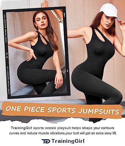 TrainingGirl Women's Sports Jumpsuits One Shoulder Yoga Romper Sleeveless Tummy Control Bodysuits Workout Leggings Tracksuits
