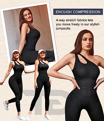 TrainingGirl Women's Sports Jumpsuits One Shoulder Yoga Romper Sleeveless Tummy Control Bodysuits Workout Leggings Tracksuits