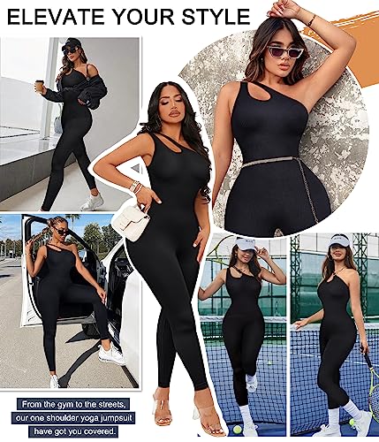 TrainingGirl Women's Sports Jumpsuits One Shoulder Yoga Romper Sleeveless Tummy Control Bodysuits Workout Leggings Tracksuits