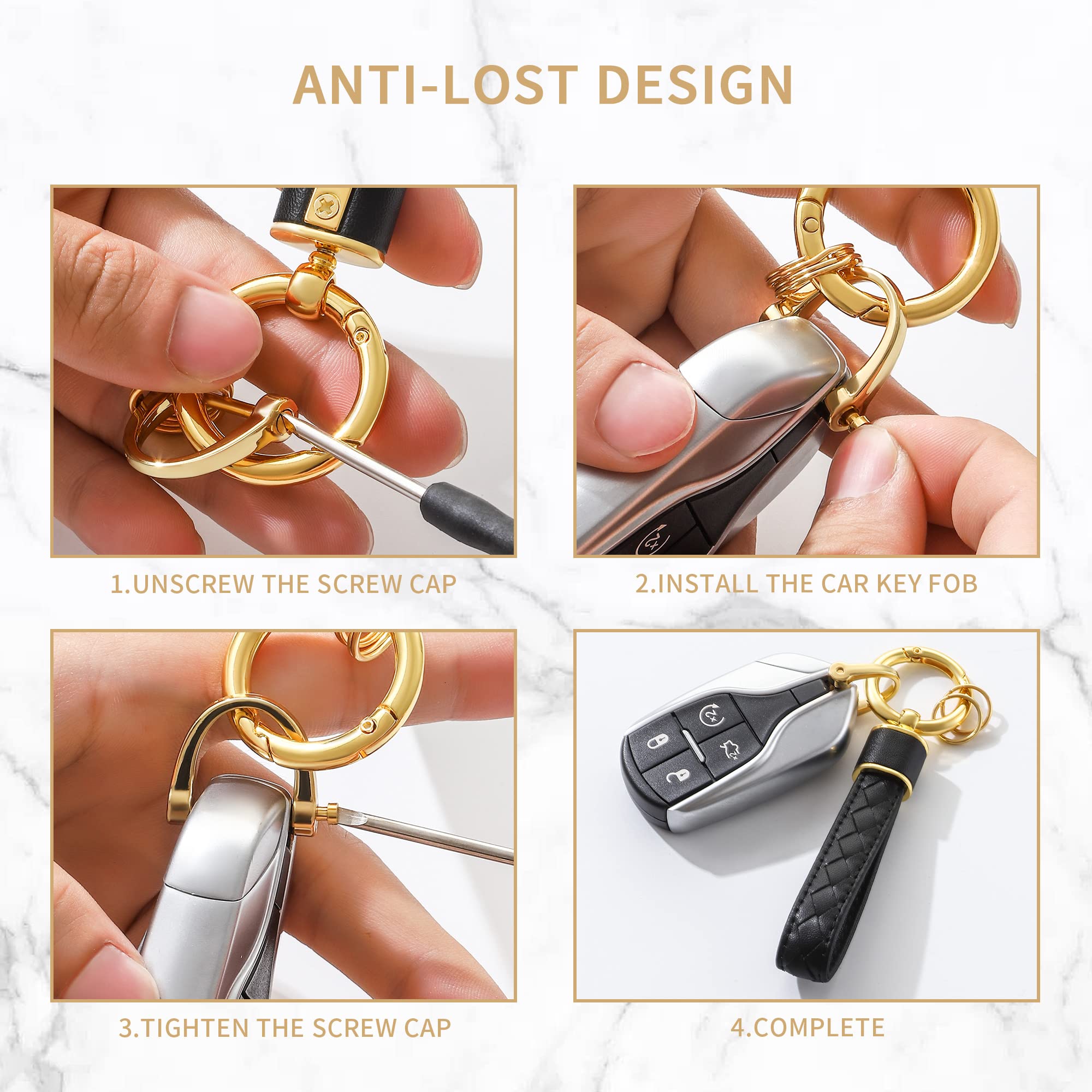 Gkeygo Leather Car Keychain, Handmade Woven Keychains for Women and Men, Universal Key Fob Holder with 360 Degree Rotatable, Anti-Lost D-Ring, 2 Keyrings and 1 Screwdriver – Black