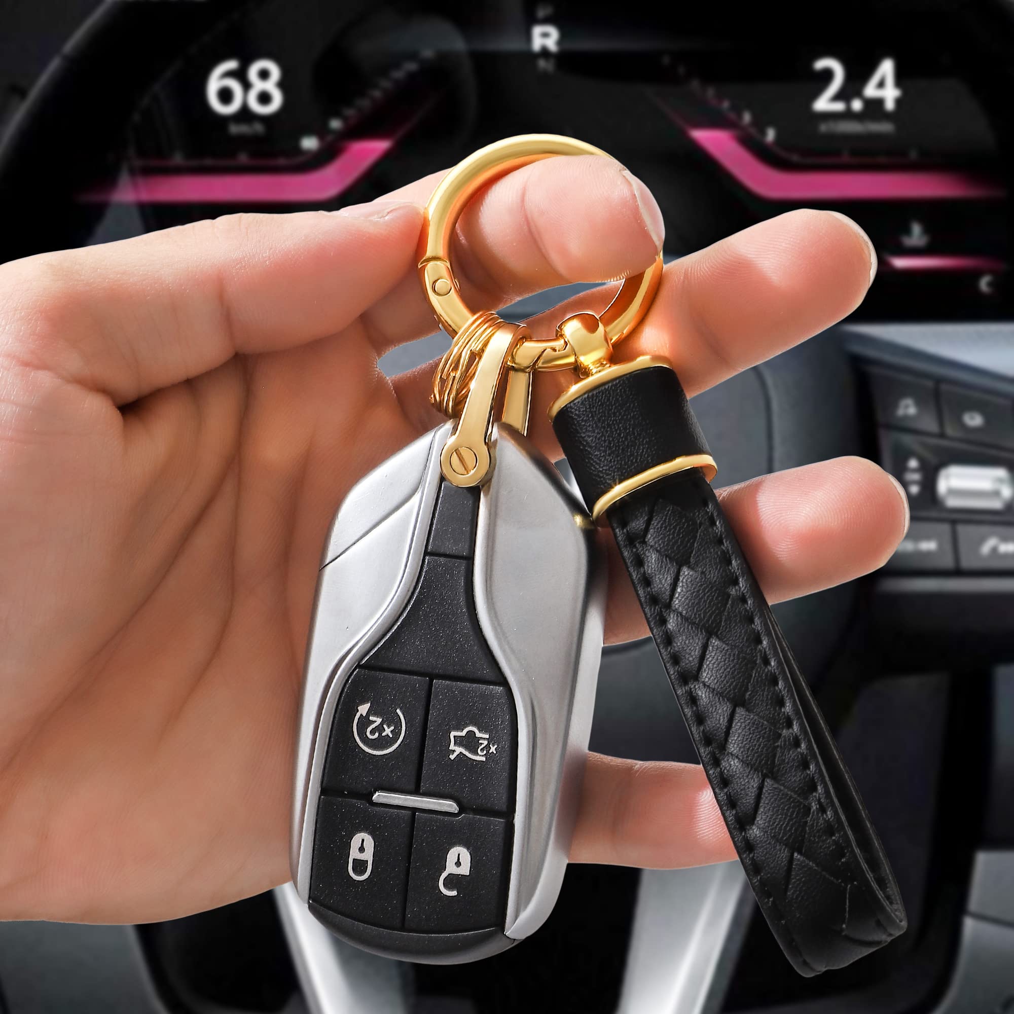 Gkeygo Leather Car Keychain, Handmade Woven Keychains for Women and Men, Universal Key Fob Holder with 360 Degree Rotatable, Anti-Lost D-Ring, 2 Keyrings and 1 Screwdriver – Black