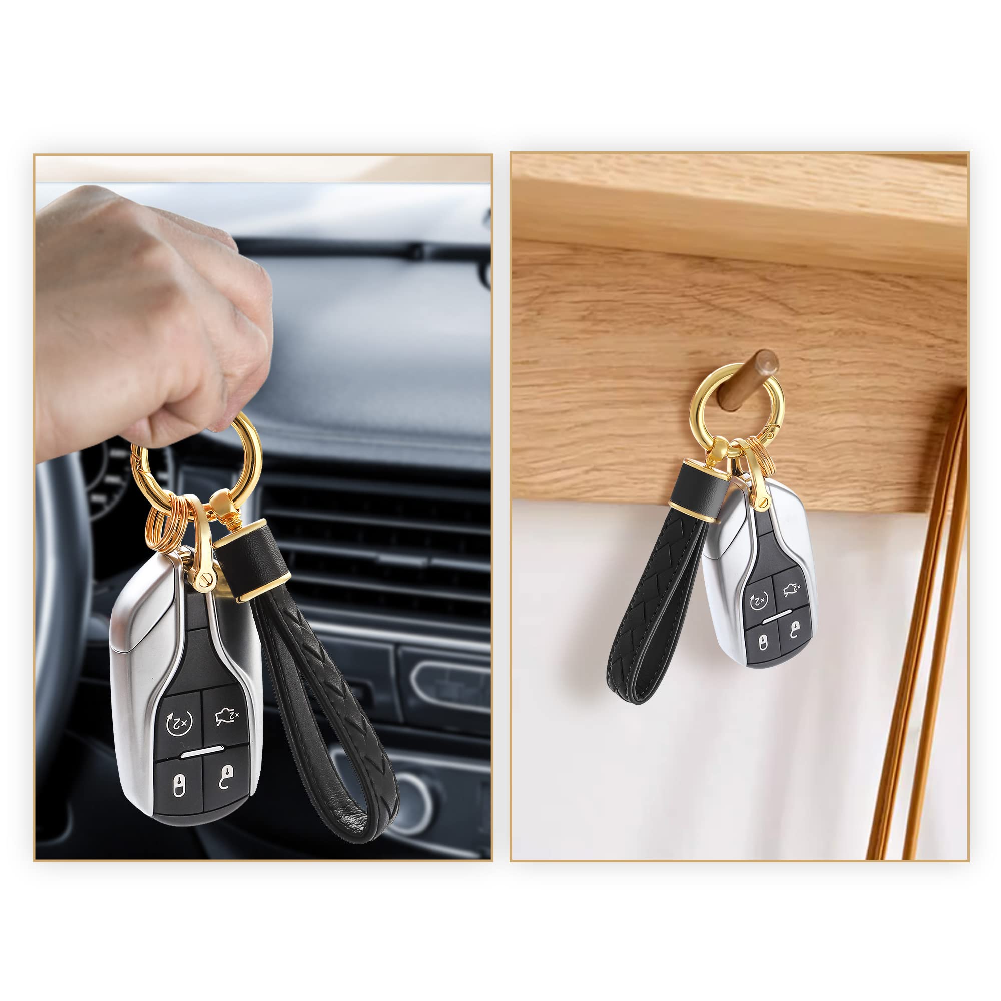 Gkeygo Leather Car Keychain, Handmade Woven Keychains for Women and Men, Universal Key Fob Holder with 360 Degree Rotatable, Anti-Lost D-Ring, 2 Keyrings and 1 Screwdriver – Black