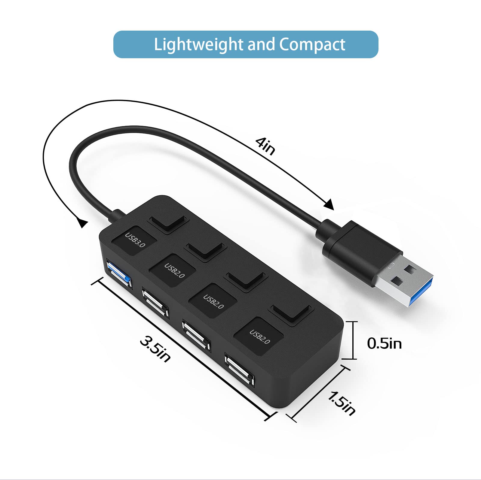 USB 3.0 Hub,4-Port Mini USB hub 3.0,2.0 Hub with Individual LED Power Switches,USB Expander for Laptop,PC,MacBook,Flash Drive,Console, Printer,Camera,Keyborad,Mouse,and More USB Devices
