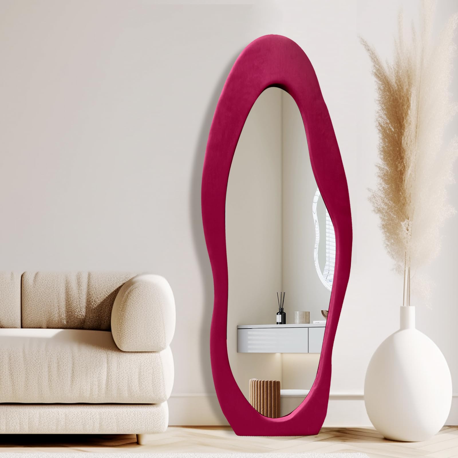 FARUIFETT Irregular Full Length Mirror 63"x24", Flannel Wrapped Wooden Frame Full Body Mirror, Floor Mirror, Wavy Mirror Hanging or Leaning Against Wall for Cloakroom/Bedroom/Living Room…