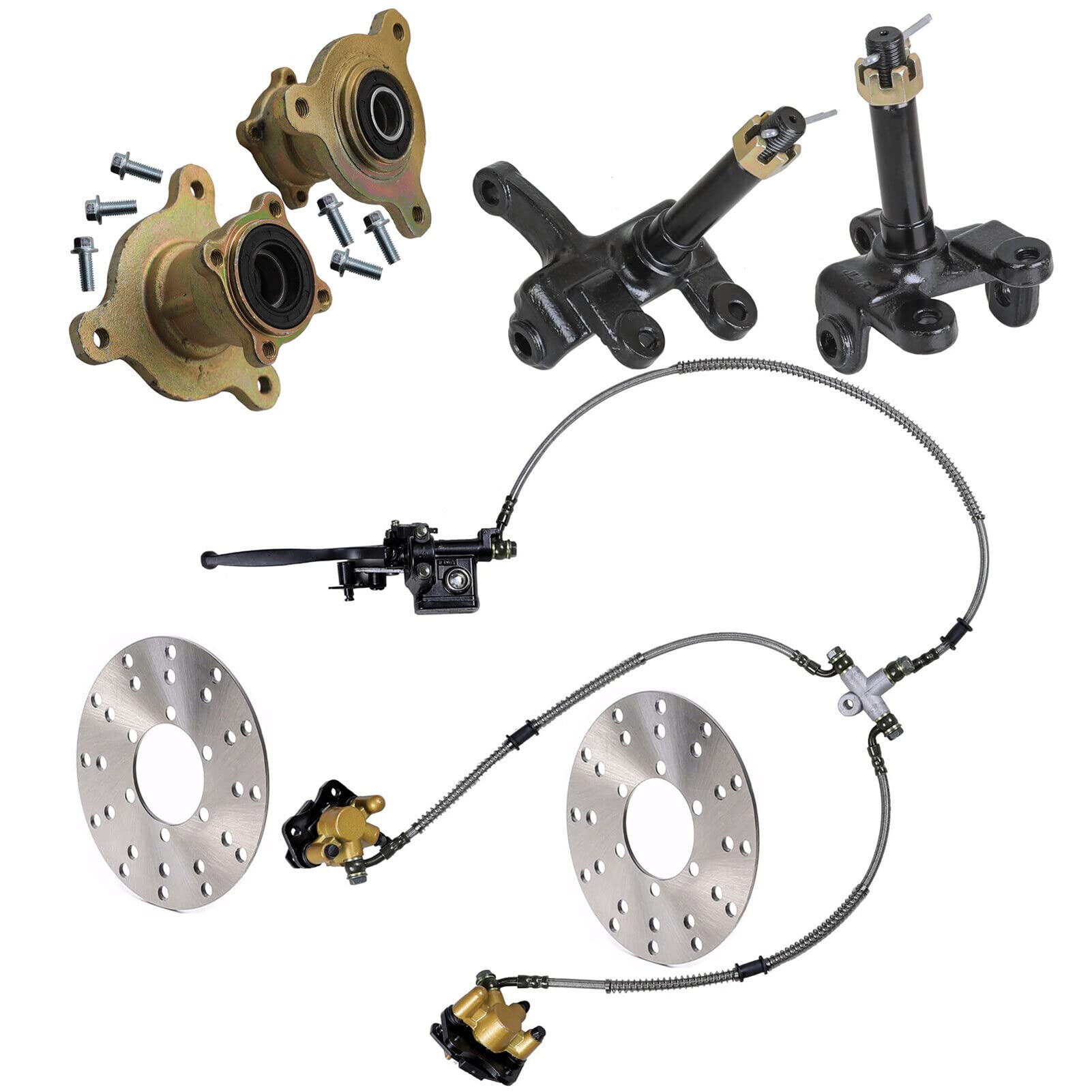 91.SCS Front Steering Spindle 3 Stud Wheel Hub Brake Caliper Rotor Kit ATV Go Kart