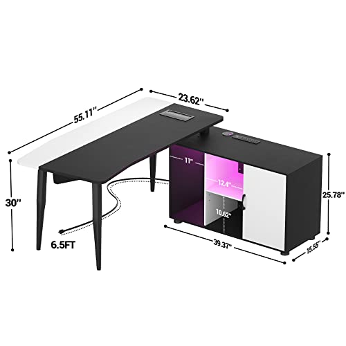 Unikito 55inch Computer Desk with Cabinet, Large Black L Desk with LED and Charging Station, Home Office Desk with Door and Storage, Office Desk with Power Outlet, Gaming White Desk PC Table