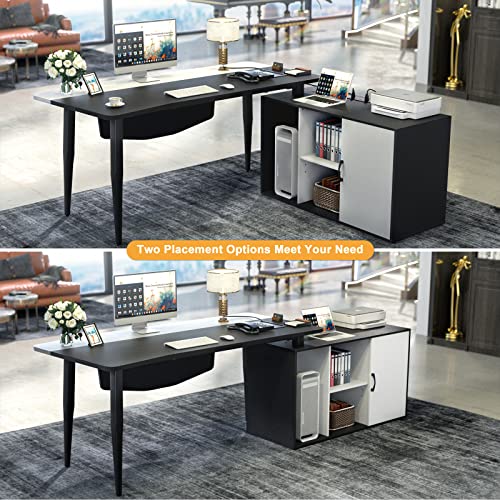 Unikito 55inch Computer Desk with Cabinet, Large Black L Desk with LED and Charging Station, Home Office Desk with Door and Storage, Office Desk with Power Outlet, Gaming White Desk PC Table
