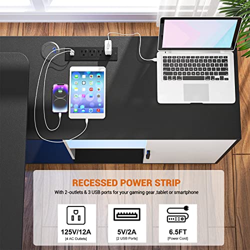 Unikito 55inch Computer Desk with Cabinet, Large Black L Desk with LED and Charging Station, Home Office Desk with Door and Storage, Office Desk with Power Outlet, Gaming White Desk PC Table