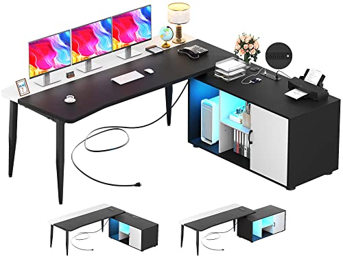 Unikito 55inch Computer Desk with Cabinet, Large Black L Desk with LED and Charging Station, Home Office Desk with Door and Storage, Office Desk with Power Outlet, Gaming White Desk PC Table