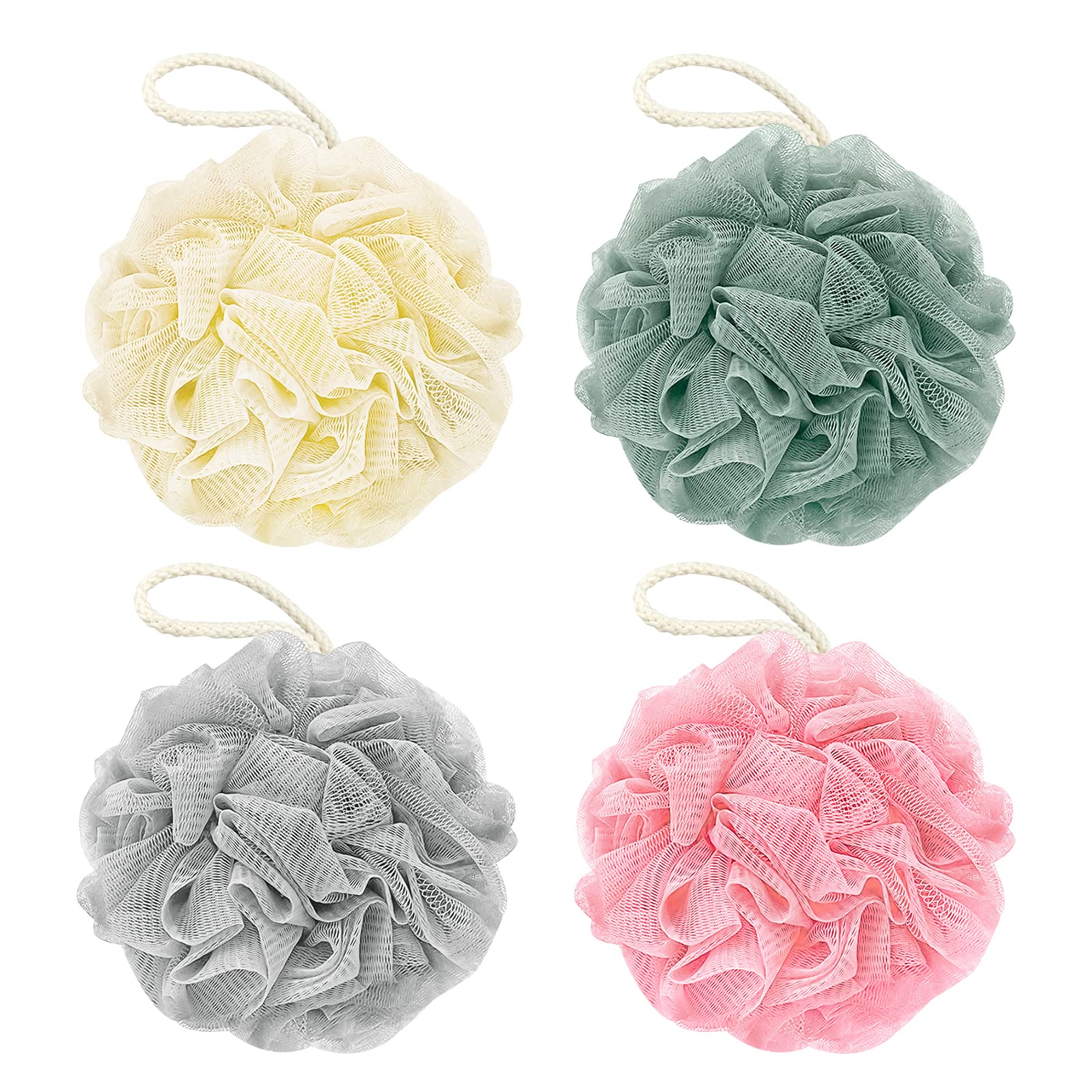 Awontar Bath Loofah Sponge, 60G Shower Loofah Exfoliating Body Scrubber Sponge, 4 Count Bath Mesh Pouf Ball for Women and Men (Light Color)