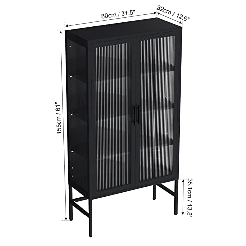 Prohonbec Double Fluted Glass Door Storage Cabinet with Adjustable Shelves, Tall Freestanding Display Sideboard Bookshelf Cupboard for Living Room, Kitchen, Office