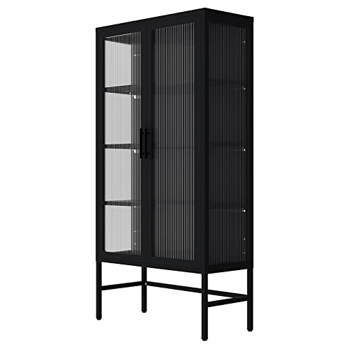 Prohonbec Double Fluted Glass Door Storage Cabinet with Adjustable Shelves, Tall Freestanding Display Sideboard Bookshelf Cupboard for Living Room, Kitchen, Office